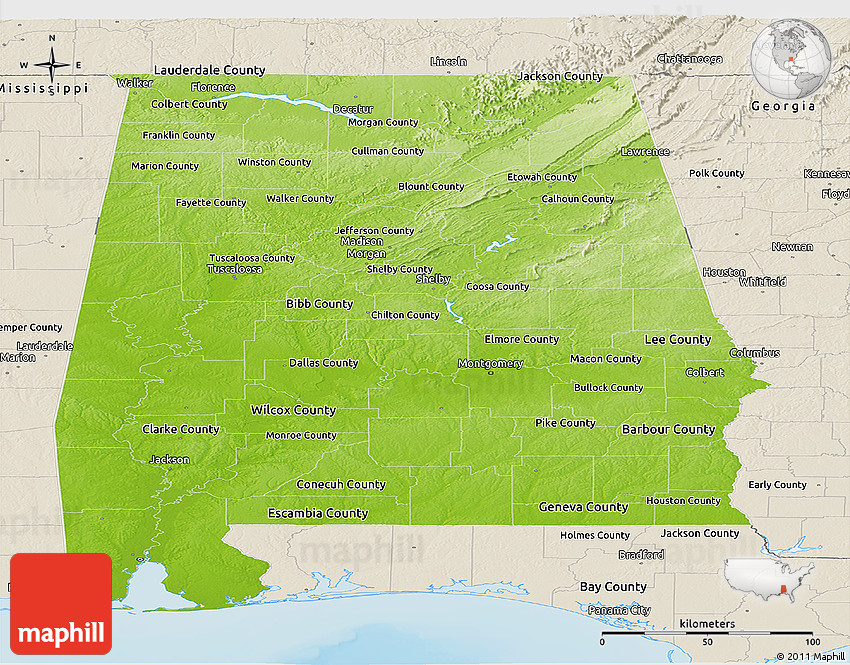 Physical Panoramic Map of Alabama, shaded relief outside