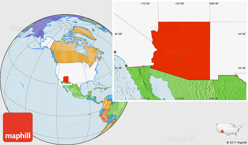 Political Location Map of Arizona, highlighted country