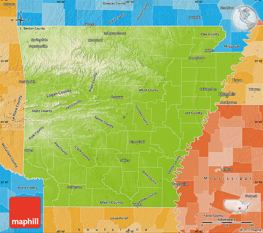 Physical Map of Arkansas, political shades outside