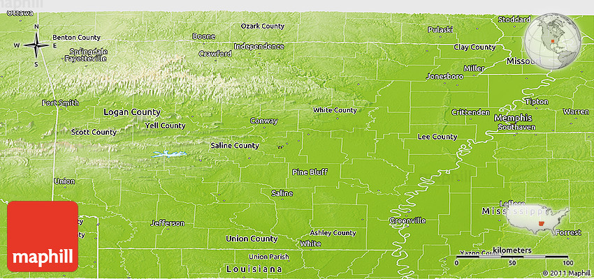 Physical Panoramic Map of Arkansas