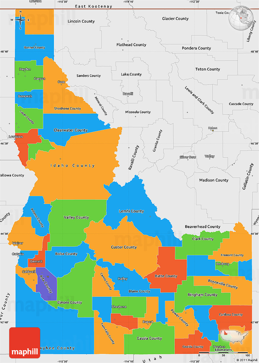 Political Simple Map of Idaho, single color outside, borders and labels