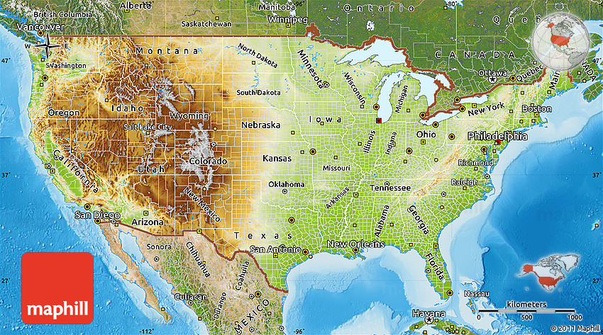 Physical Map of United States, satellite outside, shaded relief sea