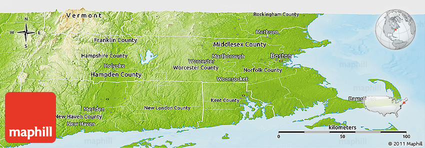 Physical Panoramic Map of Massachusetts