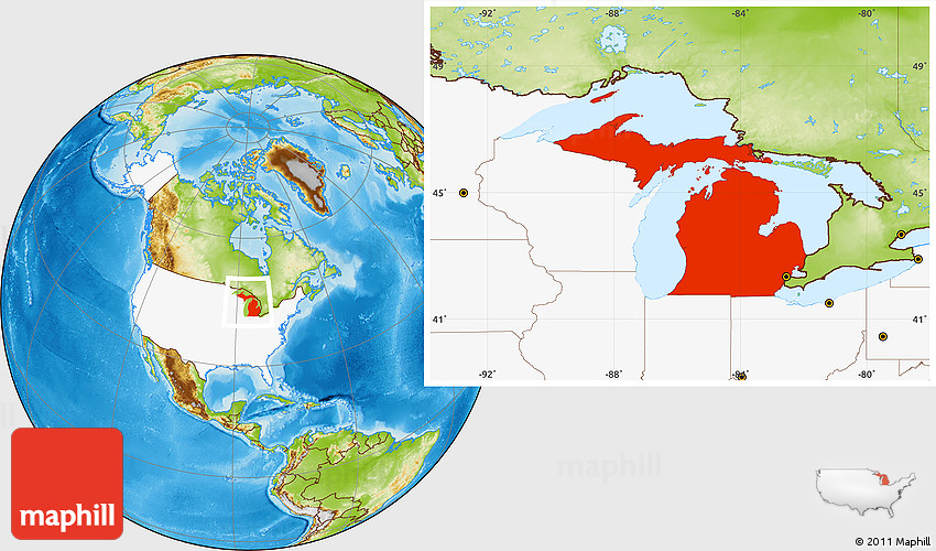 Physical Location Map of Michigan, highlighted country