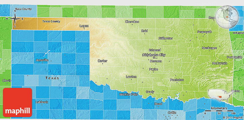 Physical 3D Map of Oklahoma, political shades outside