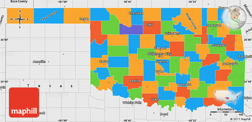 Political Simple Map of Oklahoma, single color outside, borders and labels