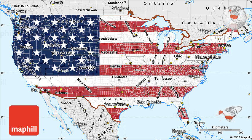 Flag Simple Map of United States, single color outside, borders and ...