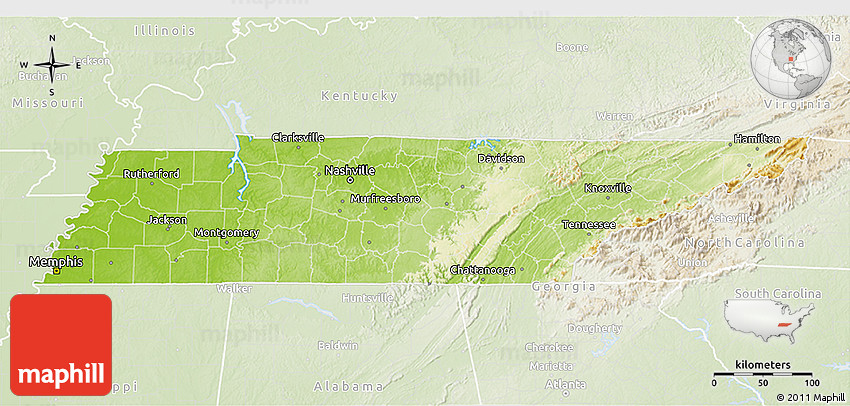 Physical 3D Map of Tennessee, lighten