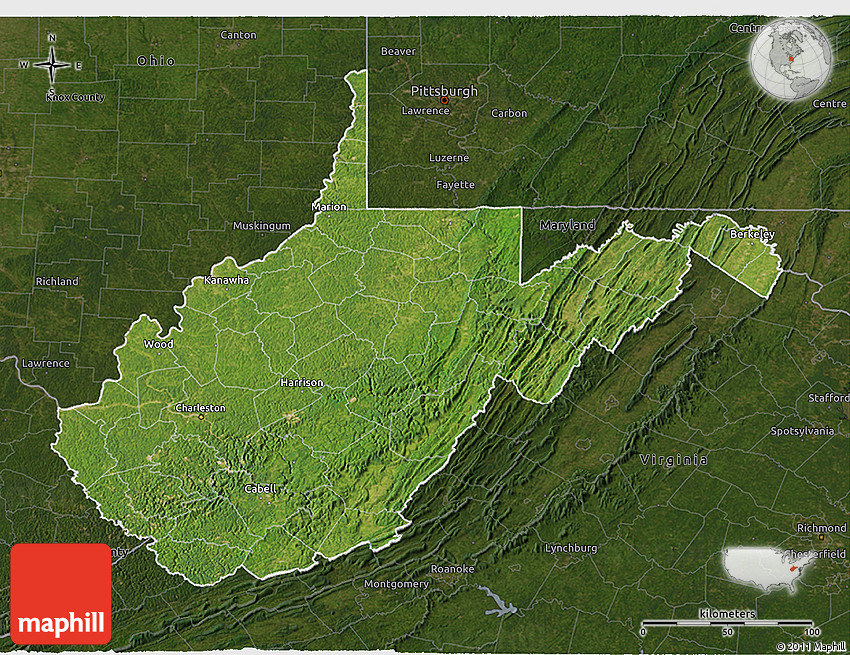Satellite 3D Map of West Virginia, darken