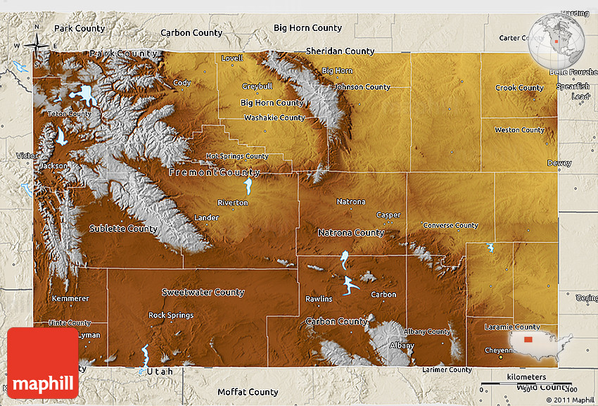 Physical 3D Map of Wyoming, shaded relief outside