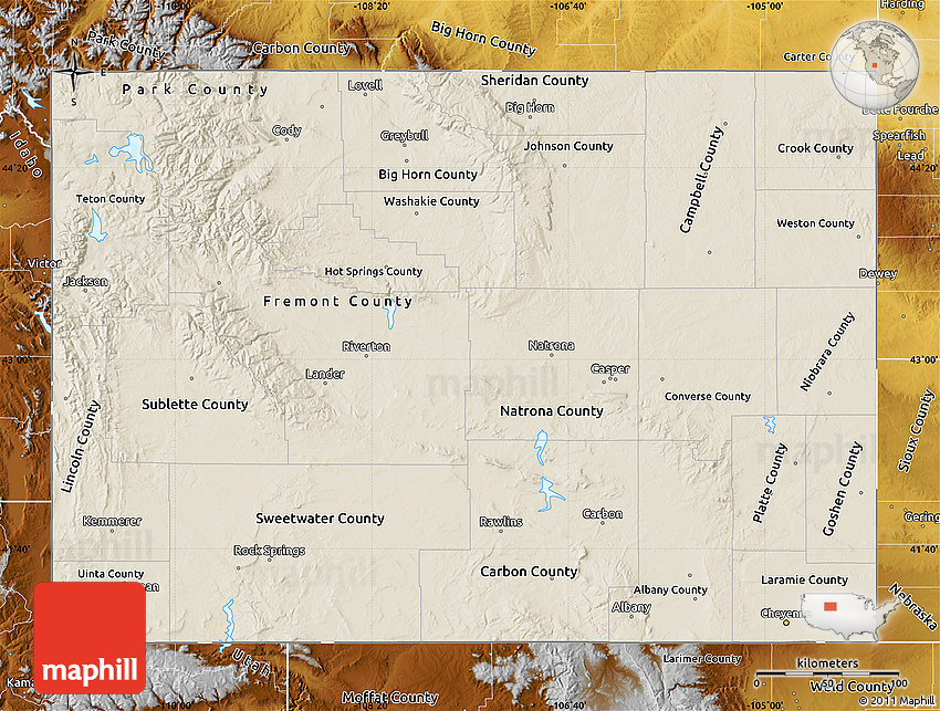 Shaded Relief Map of Wyoming, physical outside