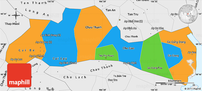 Political Simple Map of Tien Giang, single color outside, borders and labels